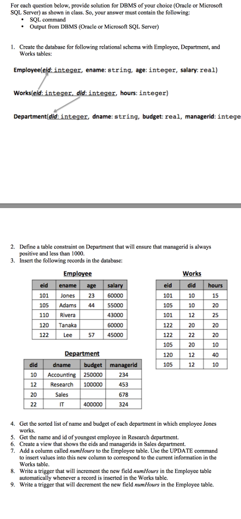 Solved For each question below, provide solution for DBMS of | Chegg.com