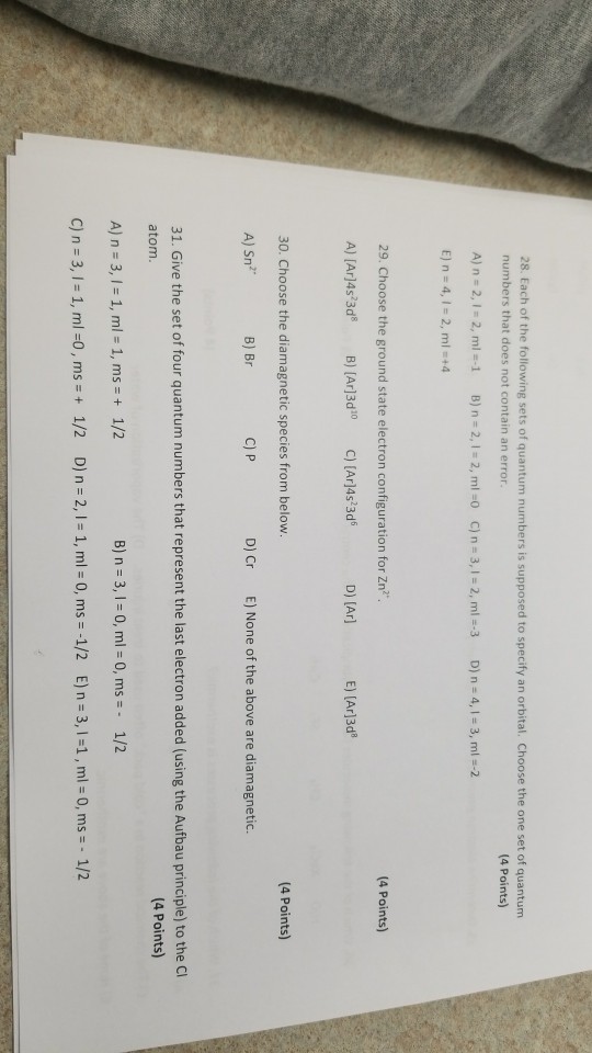 Solved 28. Each of the following sets of quantum numbers is | Chegg.com