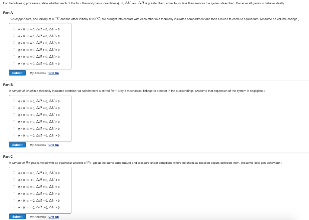 Solved For the following processes, state whether each of | Chegg.com