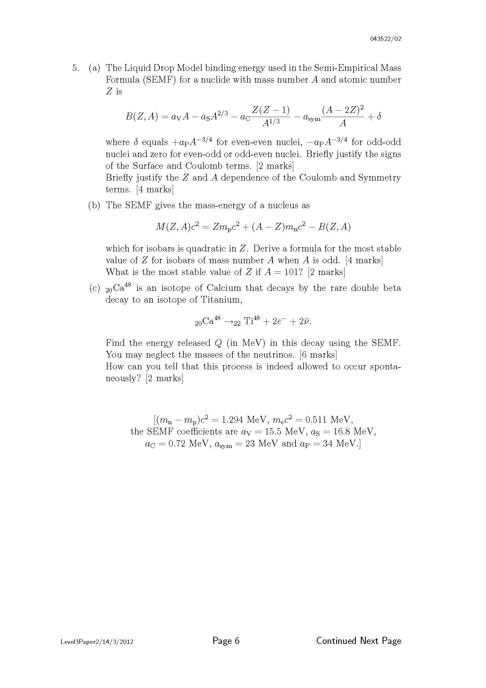 The Liquid Drop Model binding energy used in the | Chegg.com