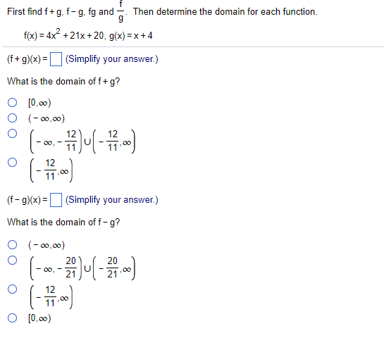 Solved First find f+g. f-g. fg and-. Then determine the | Chegg.com