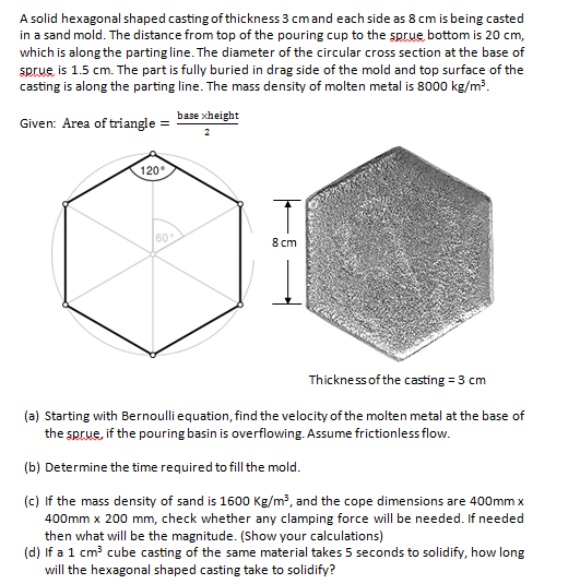 Solved A solid hexagonal shaped casting of thickness 3 cm | Chegg.com