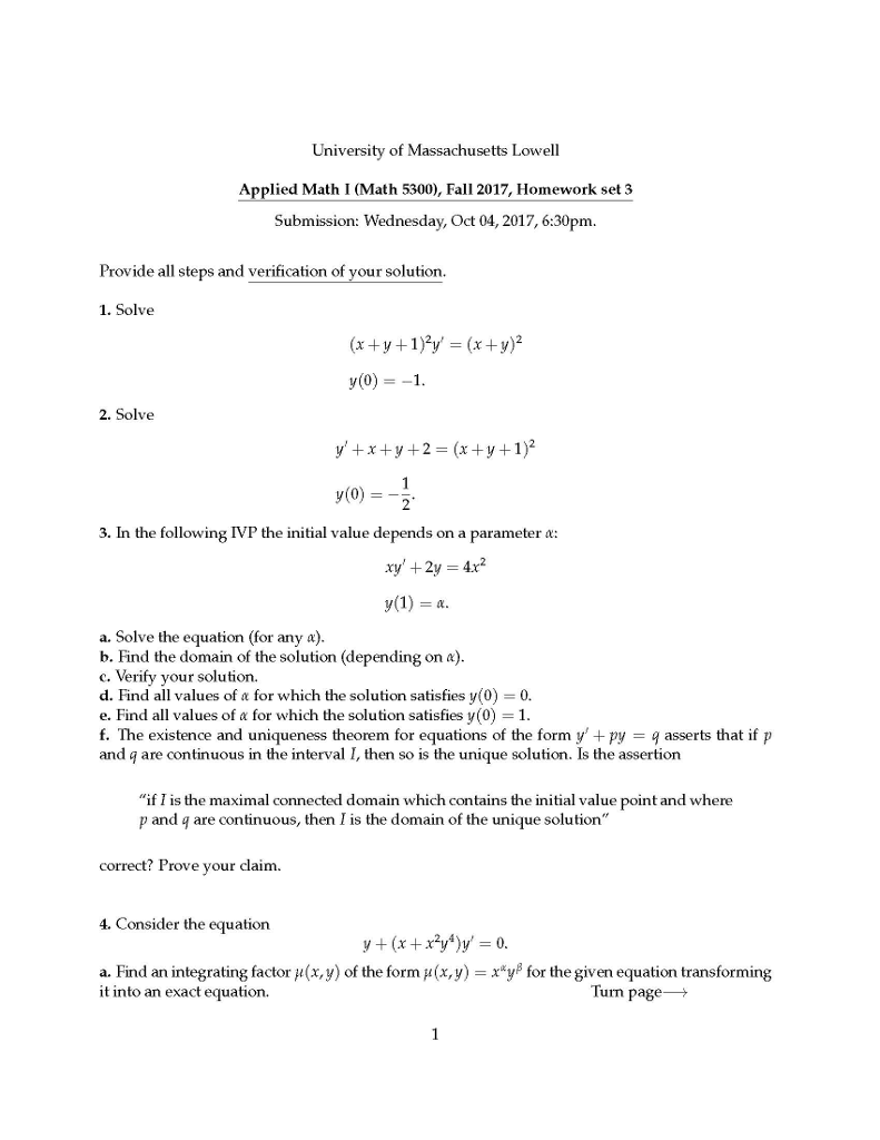 Solved University of Massachusetts Lowell Applied Math I | Chegg.com
