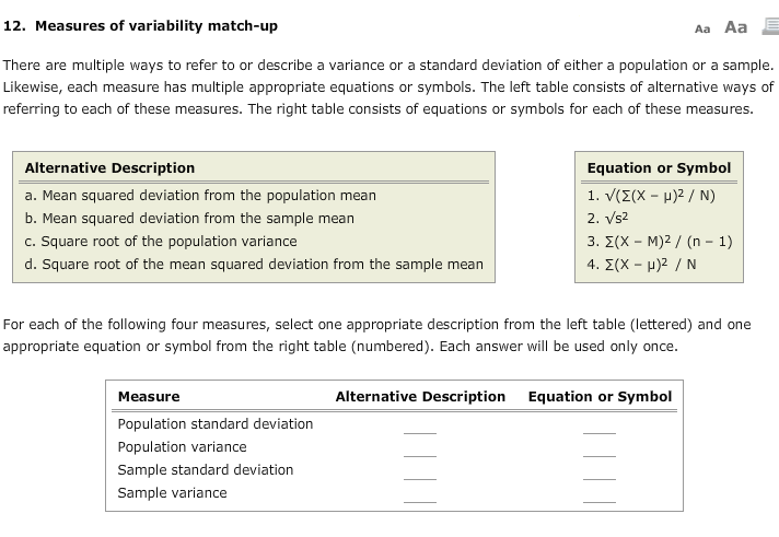 Solved 12. Measures of variability match-up Aa Aa There are | Chegg.com
