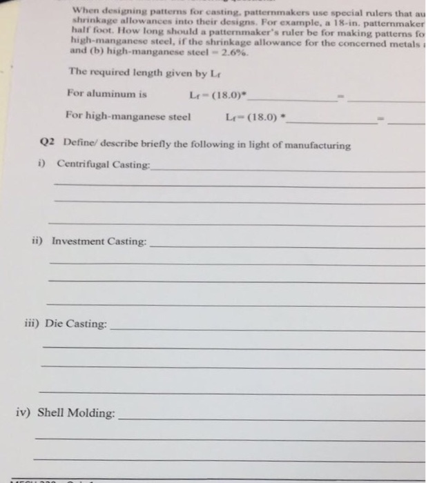 Solved When designing patterns for casting, patternmakers | Chegg.com