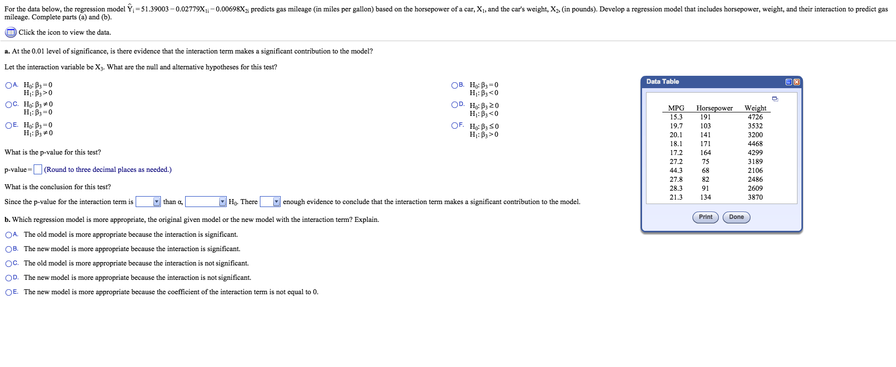 Drop down menu choices are greater/less, reject/do | Chegg.com