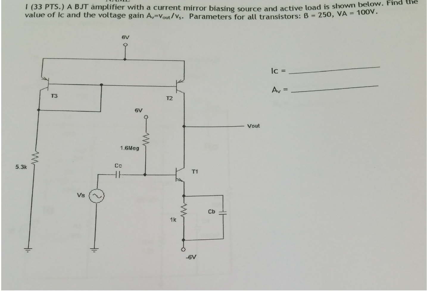 Solved A BJT amplifier with a current mirror biasing source | Chegg.com