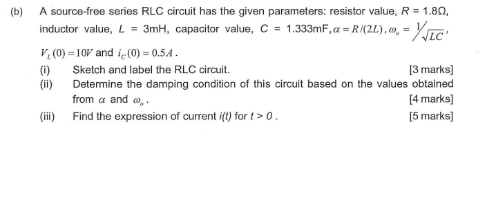 Solved A source-free series RLC circuit has the given | Chegg.com