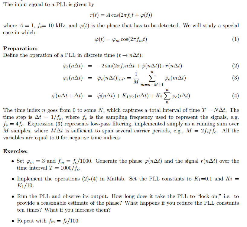 The input signal to a PLL is given by r(t) = | Chegg.com