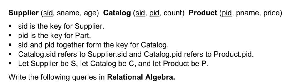 Solved Supplier (sid, sname, age) Catalog (sid, pid, count) | Chegg.com