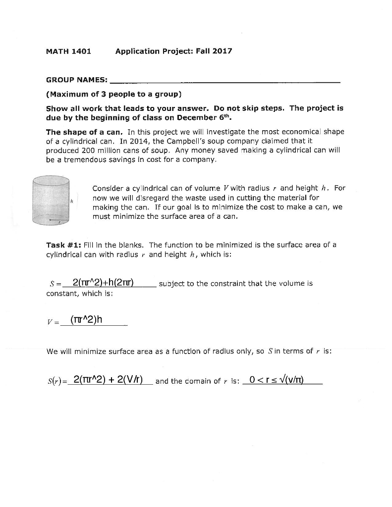 Solved MATH 1401 Application Project: Fall 2017 GROUP NAMES: | Chegg.com