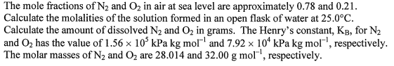 Solved The mole fractions of N2 and O2 in air at sea level | Chegg.com