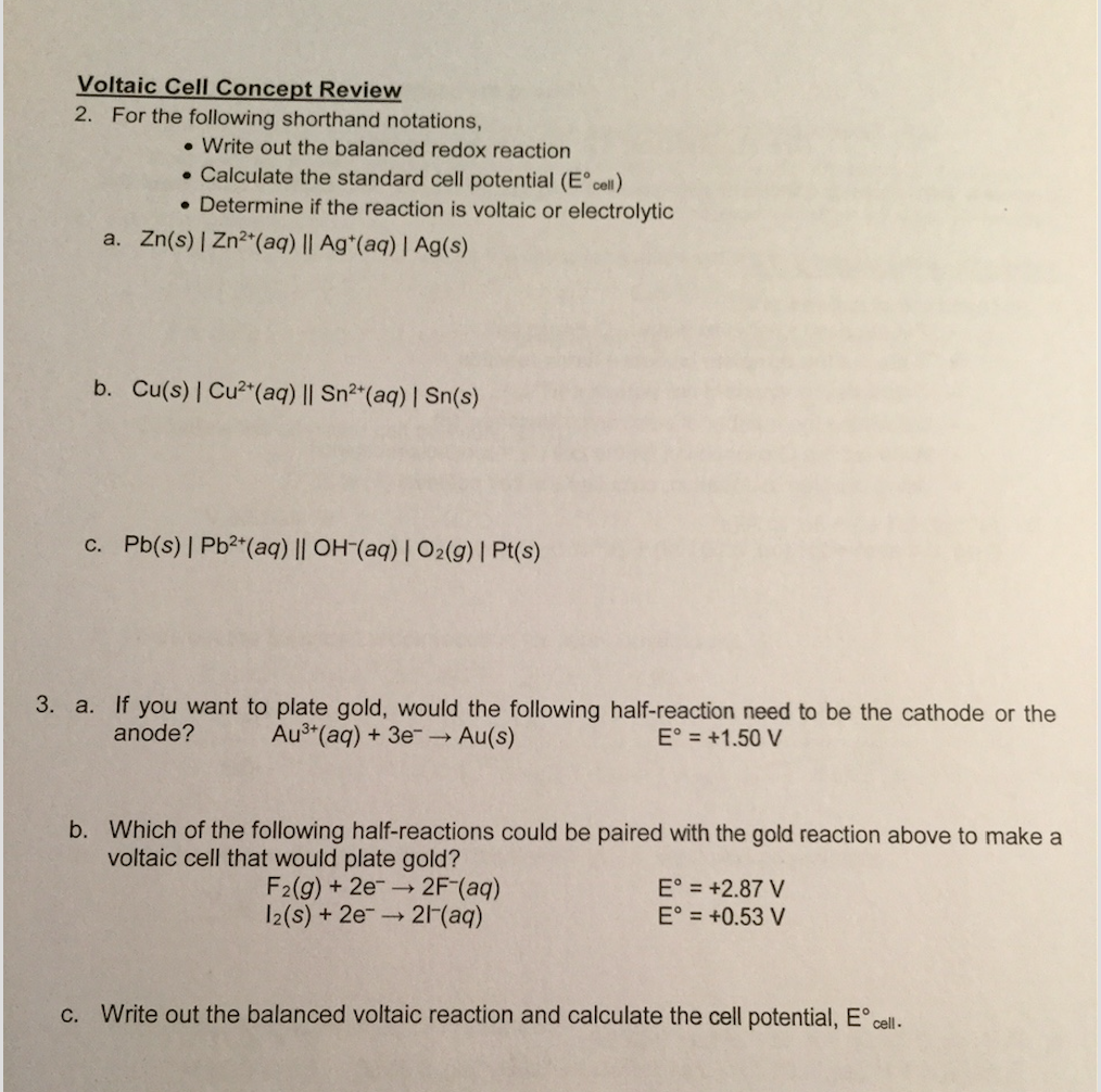 Solved Voltaic Cell Concept Review 2. For the following | Chegg.com