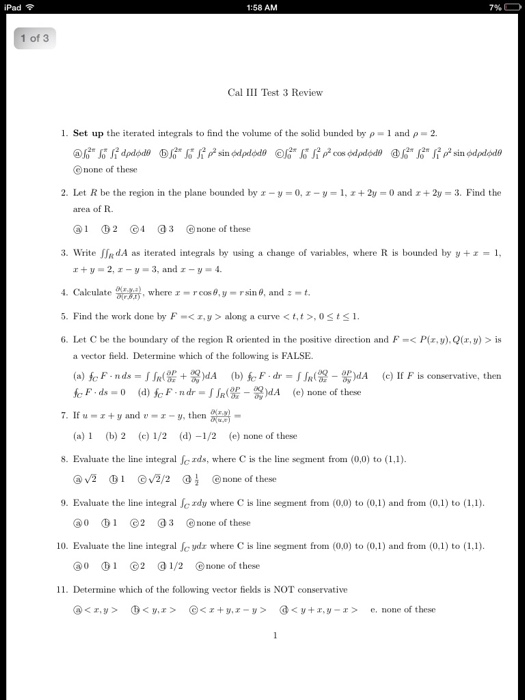 Solved iPad令 1:58 AM 1 of 3 Cal III Test 3 Review I. Set up | Chegg.com