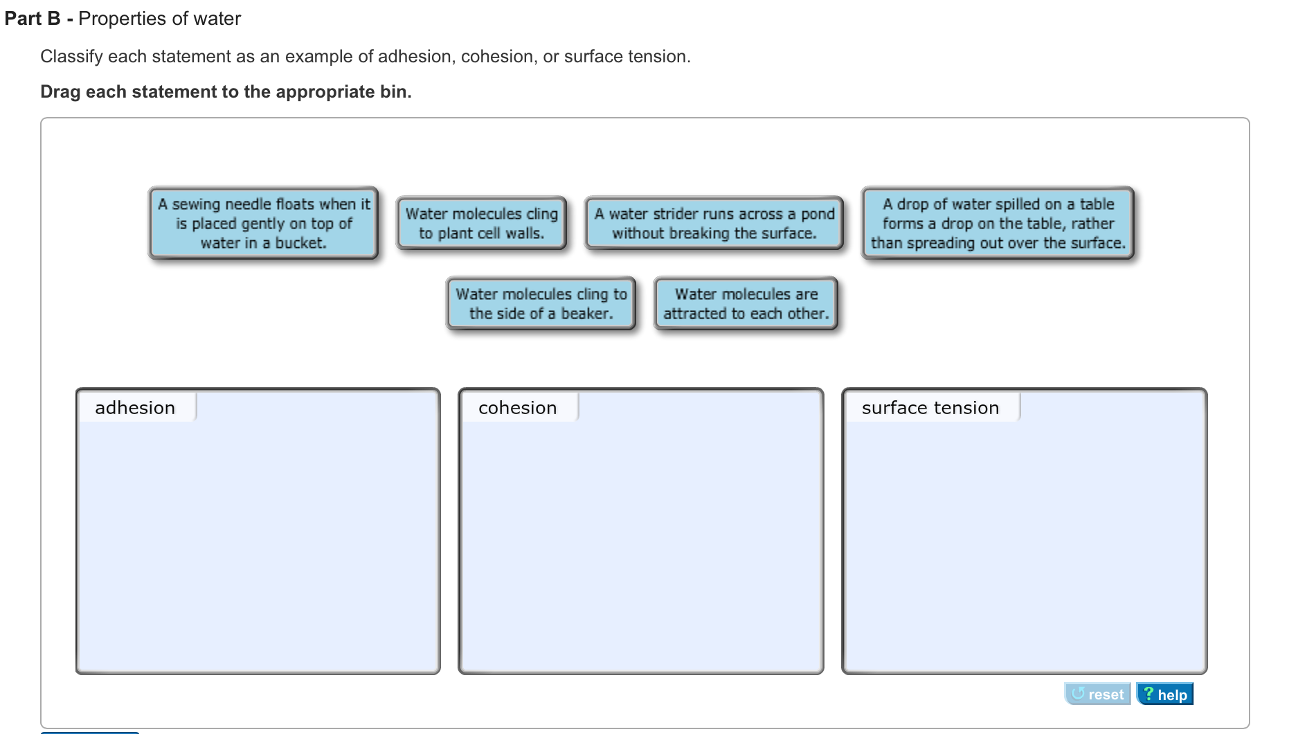 Solved Properties of water Classify each statement as an | Chegg.com
