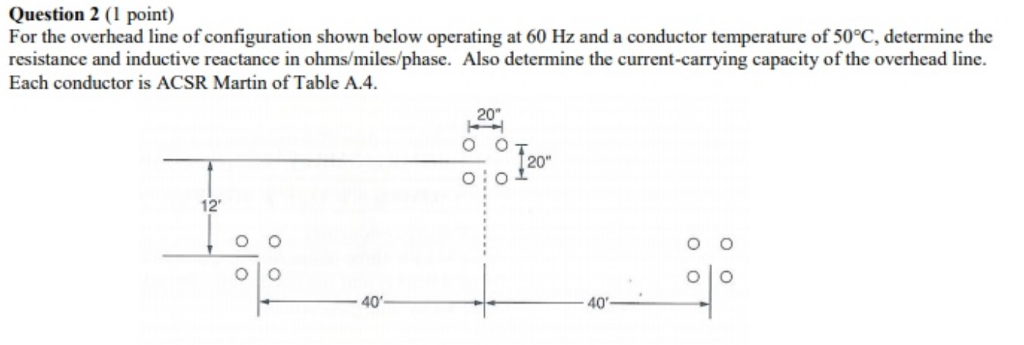 Solved Question 2 (1 point) For the overhead line of | Chegg.com