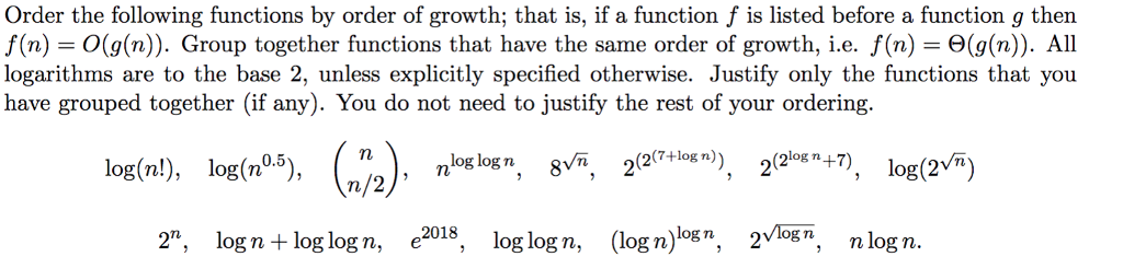 Order the following functions by order of growth; | Chegg.com