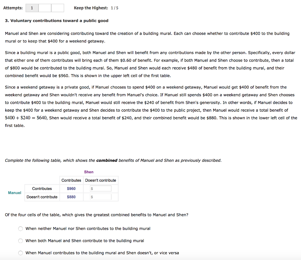 Solved Keep the Highest: 1/5 3. Voluntary contributions | Chegg.com
