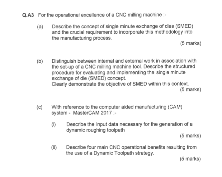 Solved Q.A3 For the operational excellence of a CNC miling | Chegg.com