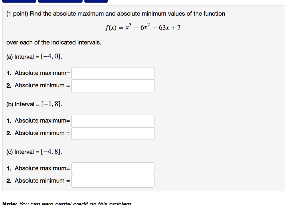 Solved (1 point) Find the absolute maximum and absolute | Chegg.com
