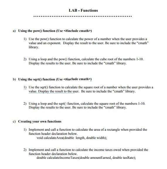 Solved LAB - Functions a) Using the pow0 function (Use | Chegg.com