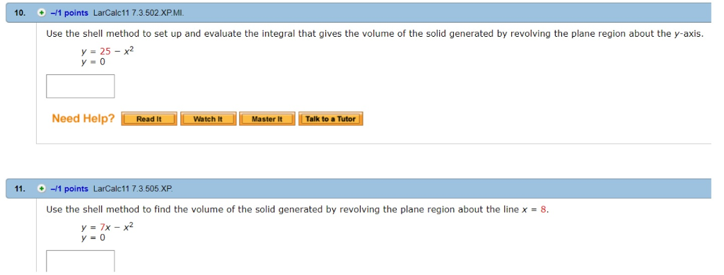 Solved 5. +i-m points LarCalc1 17.3.022 Use the shell method | Chegg.com Solved 5. +i-m points LarCalc1 17.3.022 Use the shell method | Chegg.com