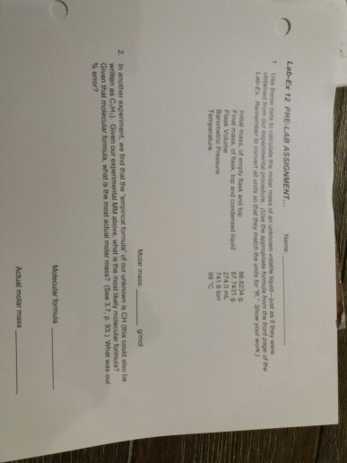 Solved Lab-Ex 12 PRE-LAB ASSIGNMENT... Name 1. Use these | Chegg.com