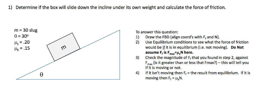 Solved 1) Determine if the box will slide down the incline | Chegg.com