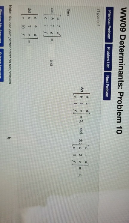 Solved WW09 Determinants: Problem 10 Previous Probem Problem | Chegg.com