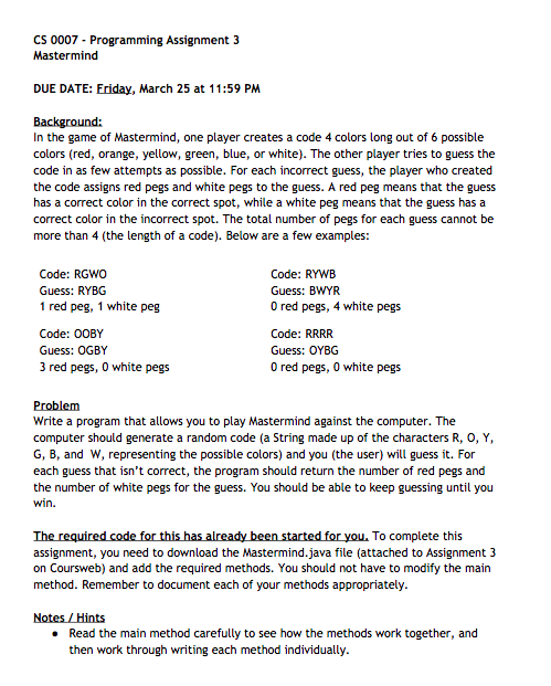 Solved CS 0007 Programming Assignment 3 Mastermind DUE DATE: | Chegg.com