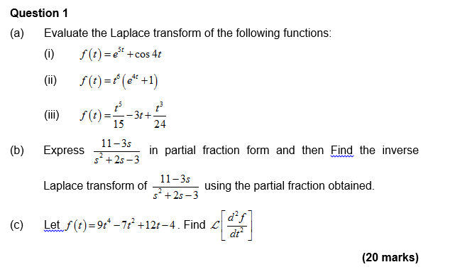 Solved Question1 (a) Evaluate the Laplace transform of the | Chegg.com