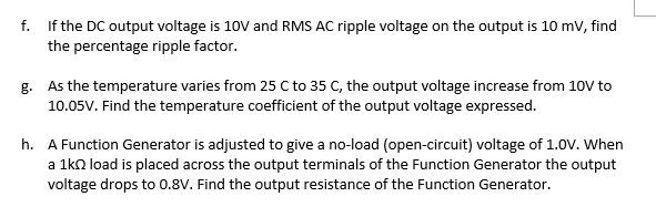 Solved f. If the DC output voltage is 10V and RMS AC ripple | Chegg.com