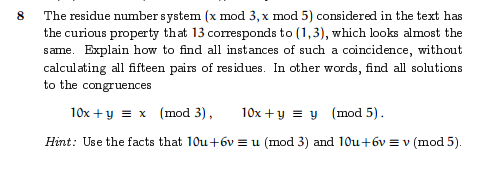 The residue number system (x mod 3, x mod 5) | Chegg.com