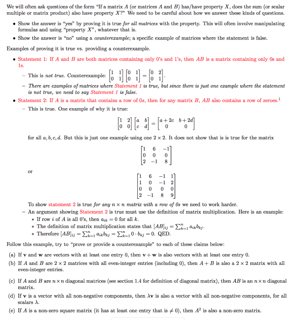 Solved We will often ask questions of the form "If a matrix | Chegg.com