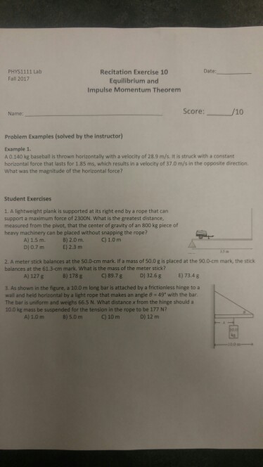 Solved PHYS1111 Lab Fall 2017 Recitation Exercise 10 | Chegg.com