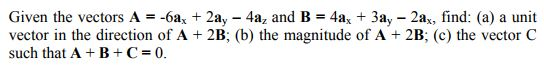 Solved Given the vectors A = -6a_x + 2a_y - 4a_z and B = | Chegg.com