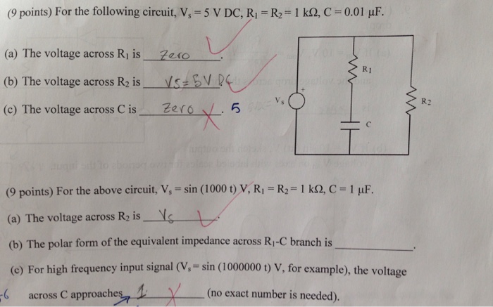 Solved For the following circuit, Vs=5V DC, R1=R2=1kOhm, | Chegg.com