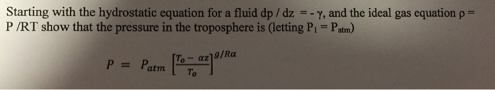 Solved Starting with the hydrostatic equation for a fluid dp | Chegg.com