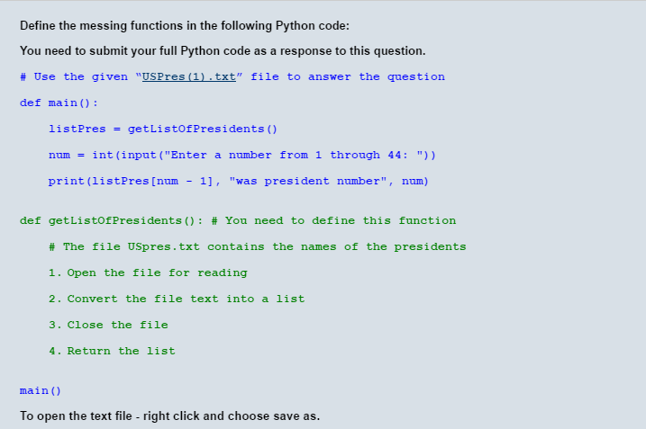 Solved Define the messing functions in the following Python | Chegg.com