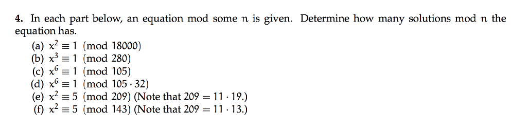 Solved 4. In each part below, an equation mod some n is | Chegg.com