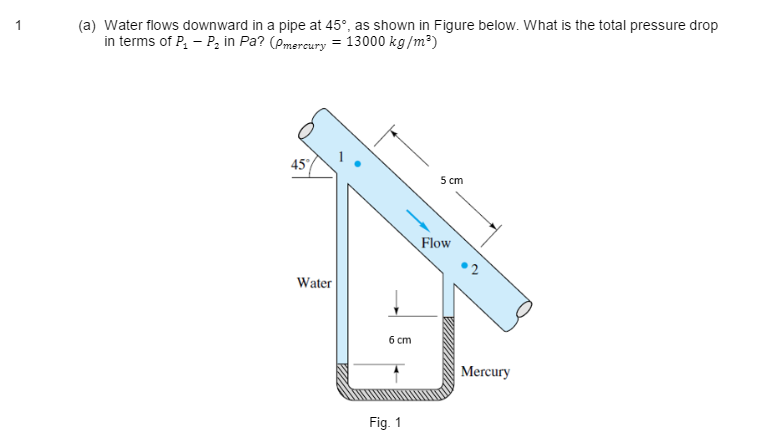 Solved Water flows downward in a pipe at 45 degree, as shown | Chegg.com