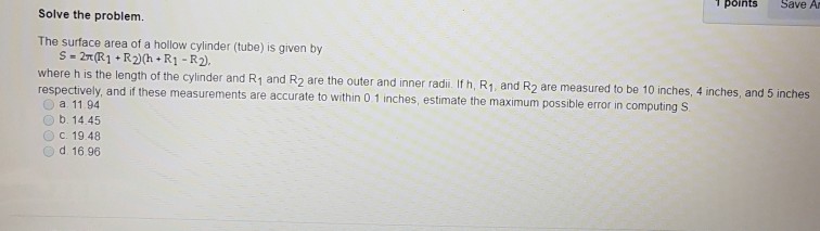 Solved points Save A Solve the problem. The surface area of | Chegg.com