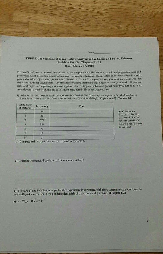 Solved Name EPPS 2302: Methods of Quantitative Analysis in | Chegg.com