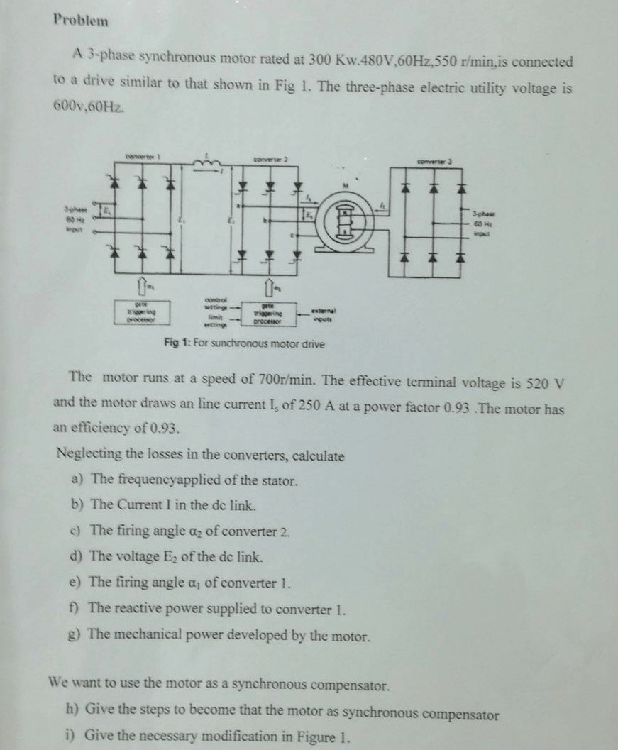 Solved Problem A 3-phase synchronous motor rated at 300 | Chegg.com