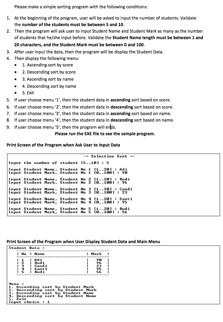 Solved Please Make A Simple Sorting Program With The Foll