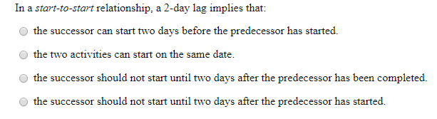 Solved In a start-to-start relationship, a 2-day lag implies | Chegg.com