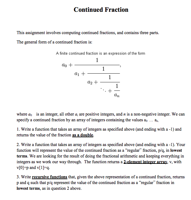Solved Continued Fraction This assignment involves computing | Chegg.com