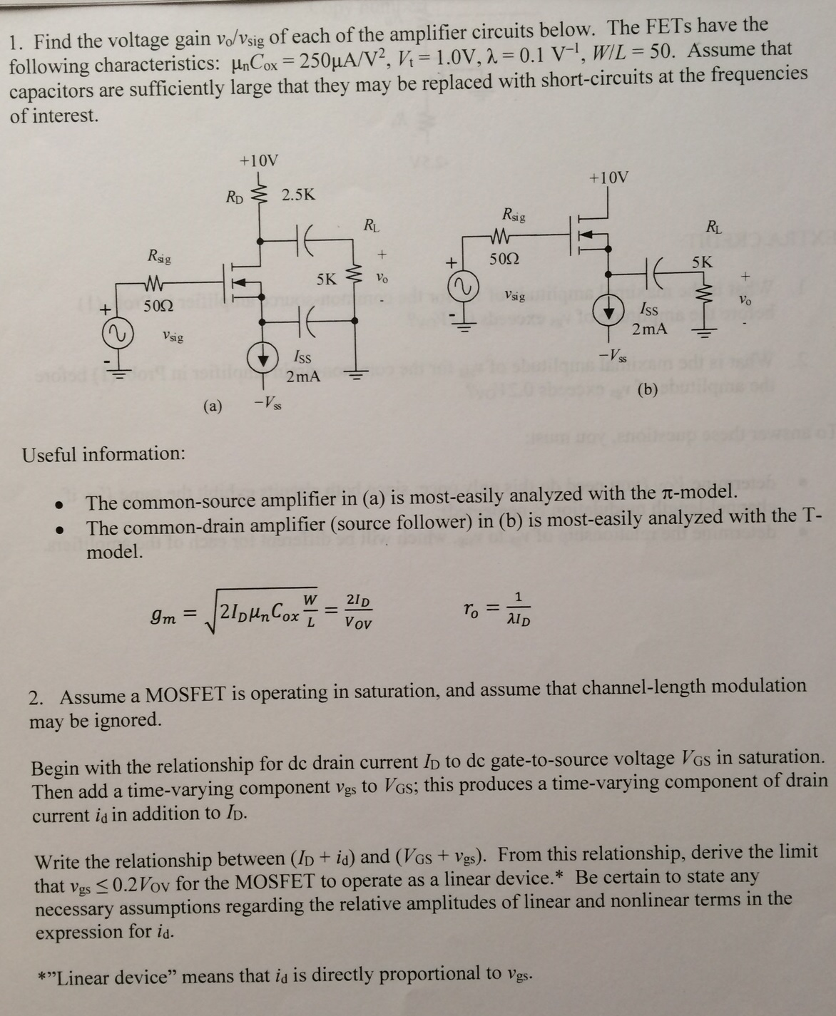 Solved Find the voltage gain Vo/vsig of each of the | Chegg.com