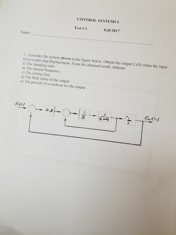 Solved CONTROL SYSTEMSI Test # 1 Fall 2017 Name: 1.- | Chegg.com