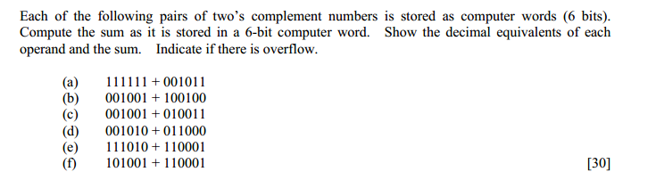 Solved Each of the following pairs of two's complement | Chegg.com